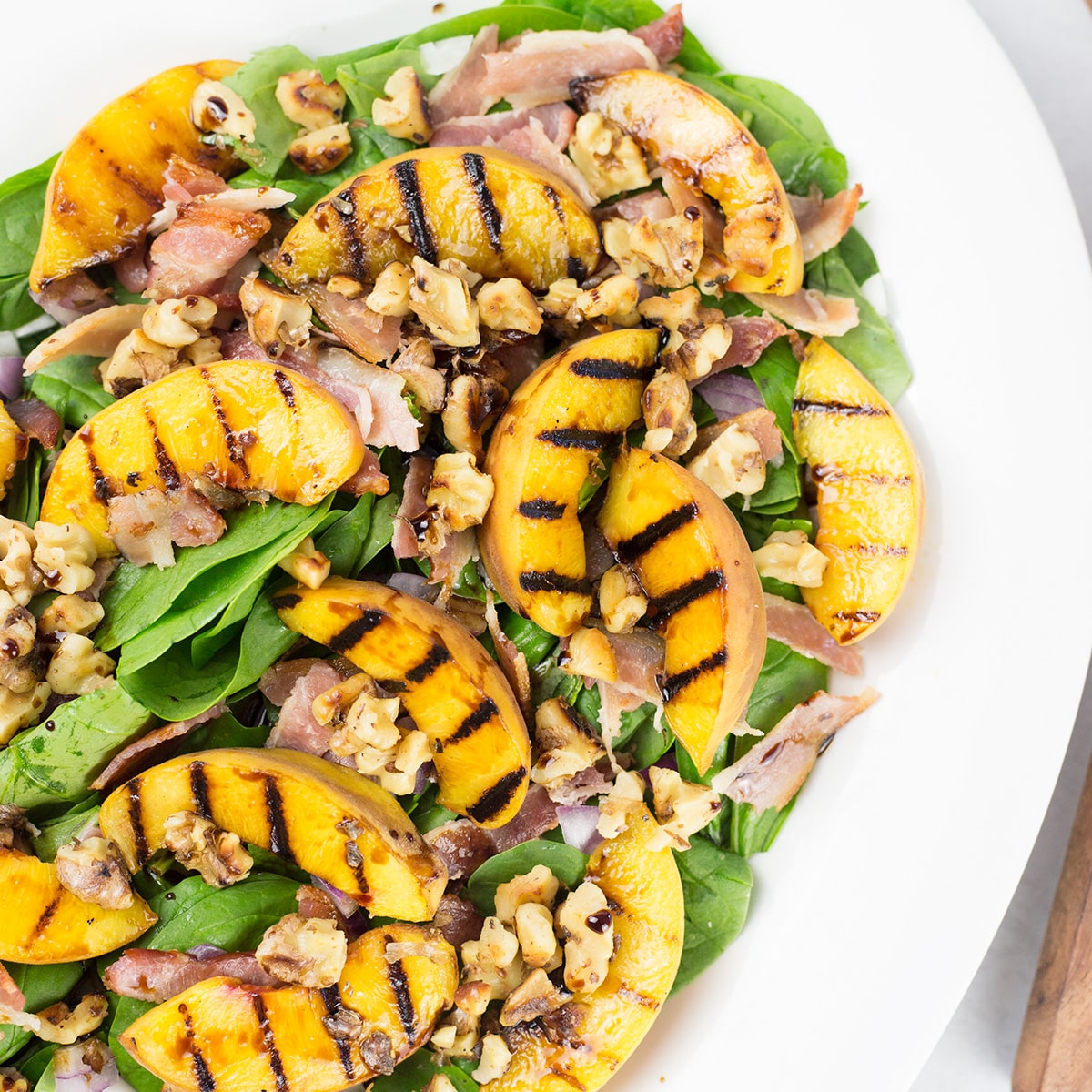 Peach and Bacon Salad with a Maple Balsamic Glaze - Love Food Nourish